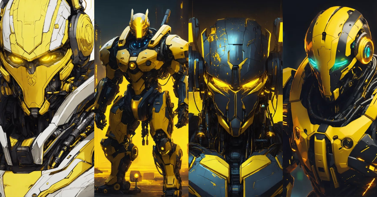 Lexica - Big muscular faceless robotic warrior with yellow and black ...