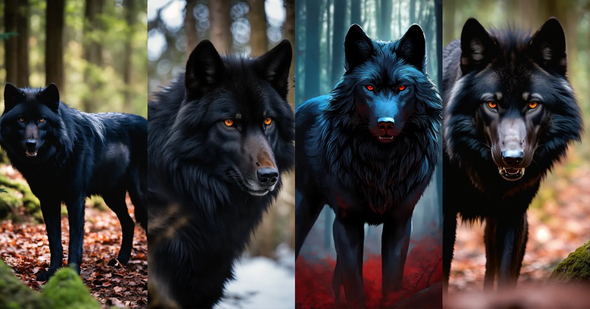 Lexica - Massive, black fur, wolf, in the woods, red eyes, up close