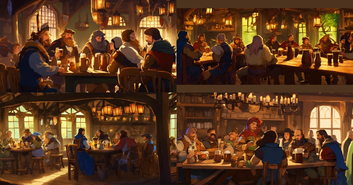 Lexica - Fantasy tavern bustling with fantasy characters, sitting at a ...