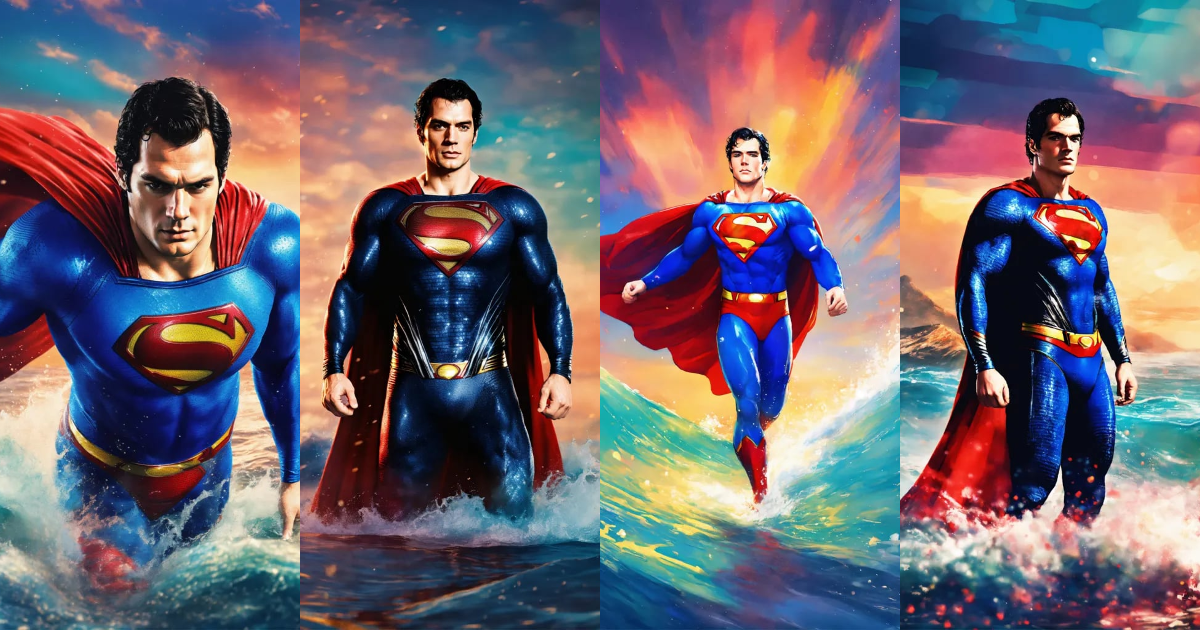 Lexica - Henry Cavill Superman swimming on the sea, colorful background ...