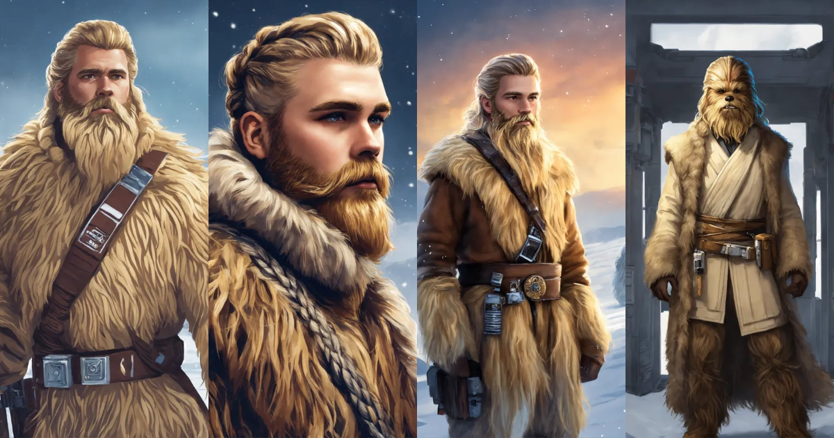 Lexica - Digital art of a blonde Wookiee with a braided beard on Hoth.