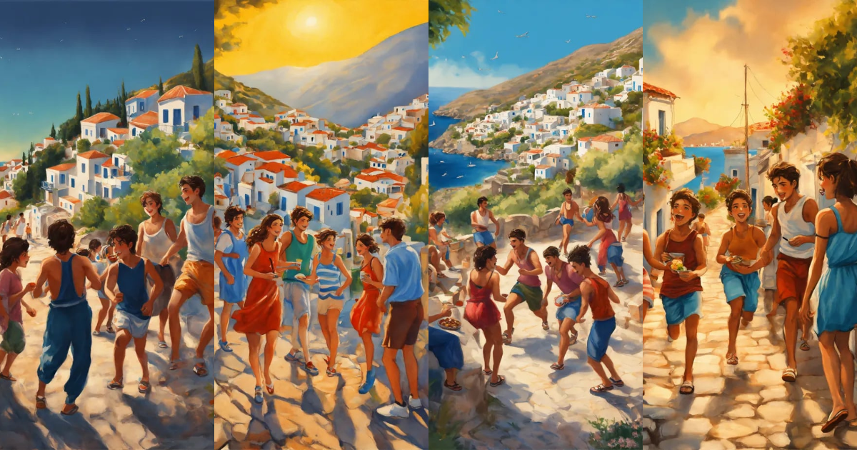 Lexica - A hand drawn painting of a few Greek boys and girls in their ...