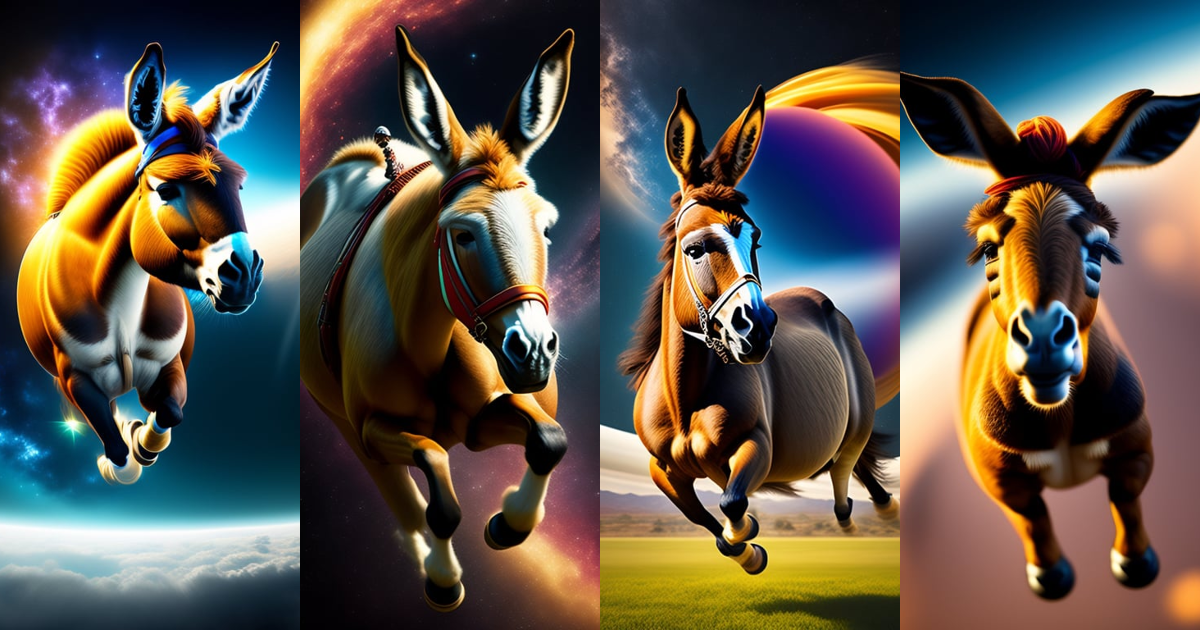 Lexica - Donkey super hero flying in space realistic photo 5mm