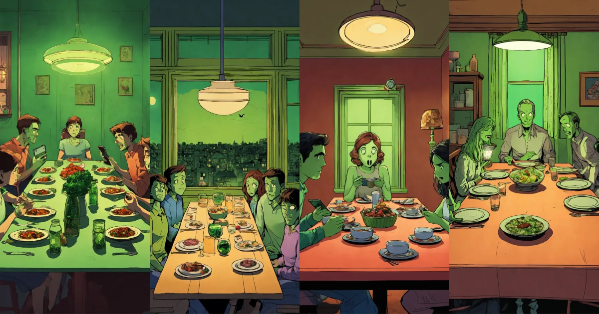 Lexica - Design a comic cartoon poster of a dinner table where a family ...