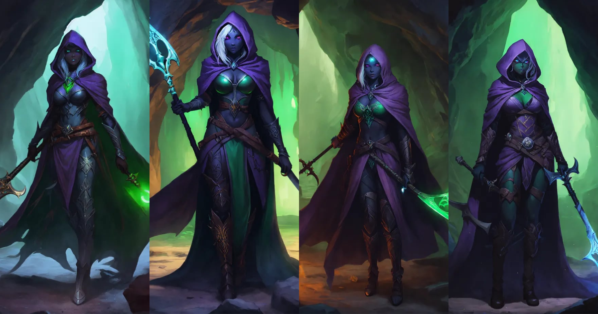 Lexica - Shadow dark female drow, green glowing eyes, with dark purple ...