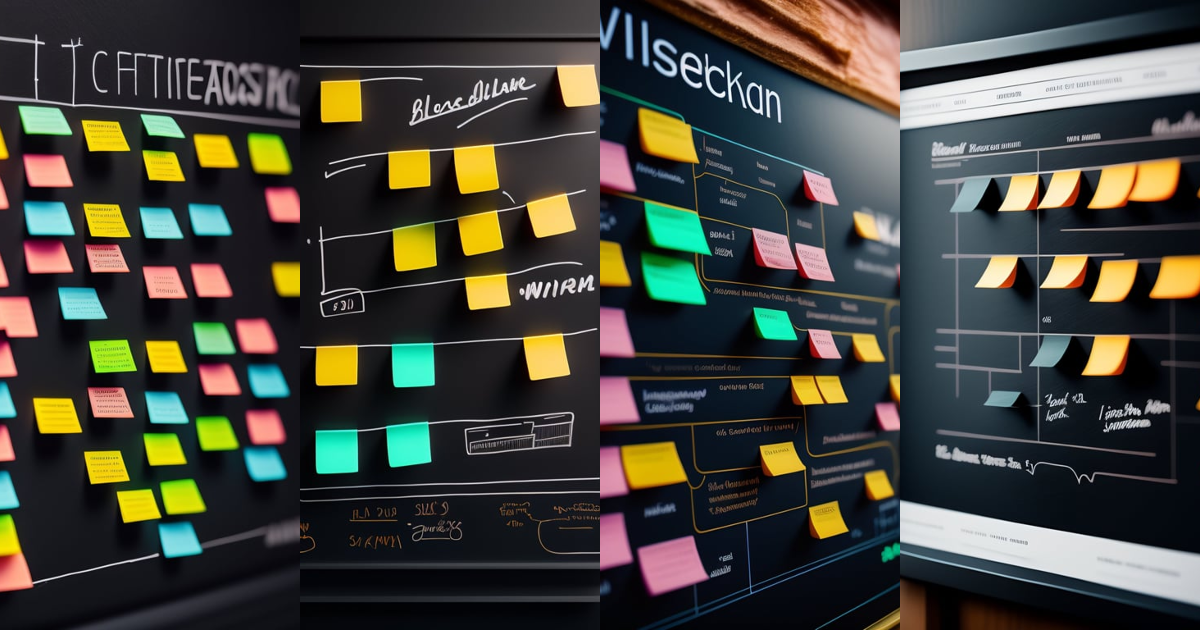 Lexica - A blackboard with a bunch of sticky notes on it, a wireframe ...