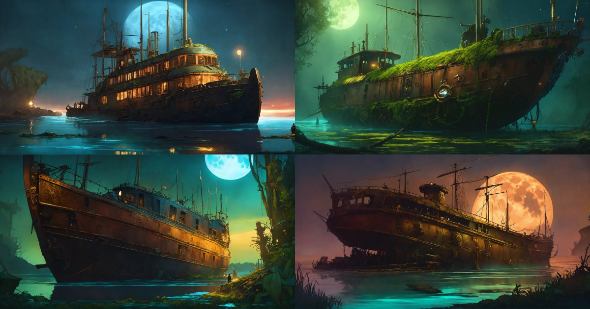 Lexica - Beached heavily overgrown steampunk submersible tilted rusty ...