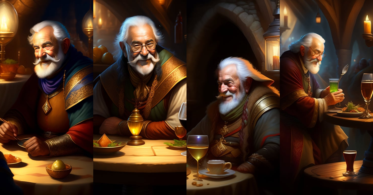 Lexica - An old wise and happy wizard sitting at a table in a medieval ...