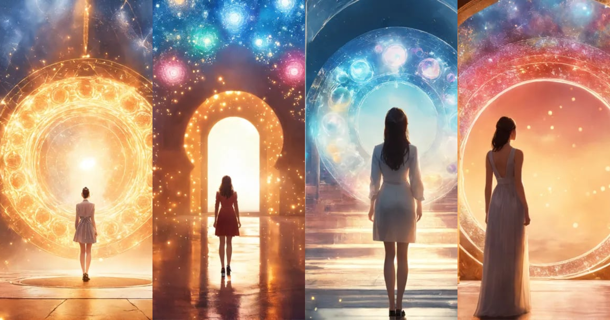 Lexica - Create an image of a woman from behind looking at five portals ...