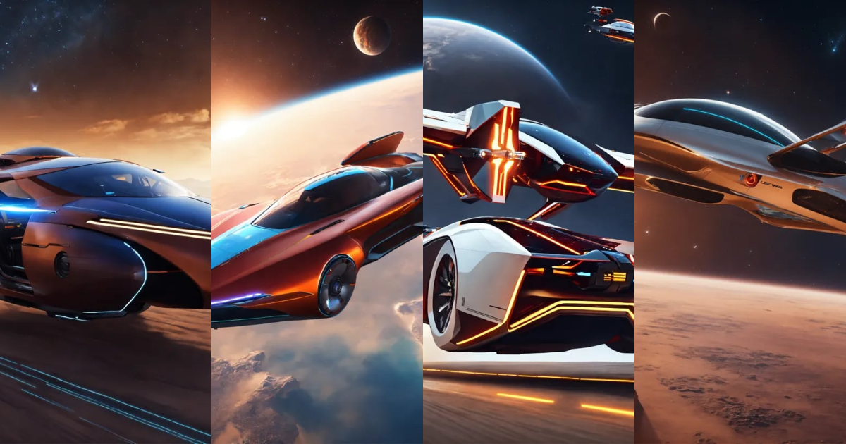 Lexica - Luxurious sleek ews flying car shooting out in space, future ...