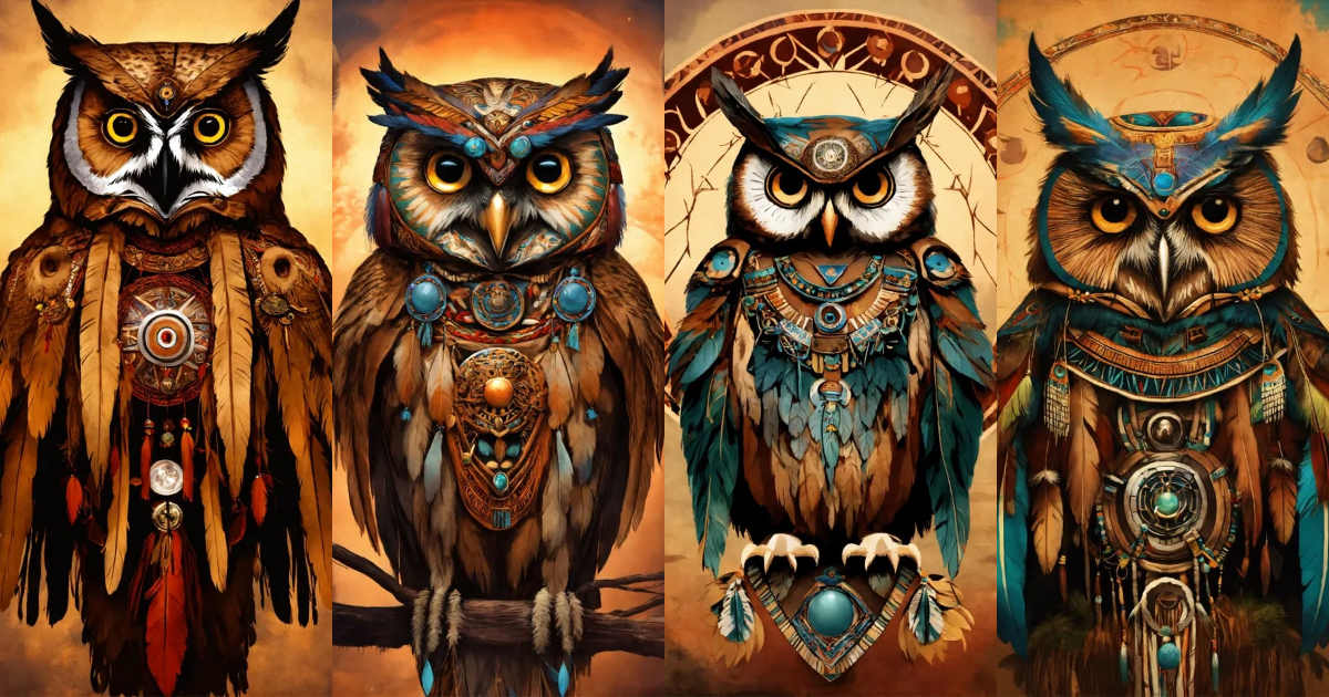 Lexica - Wise owl shaman, native american symbols, humanoid
