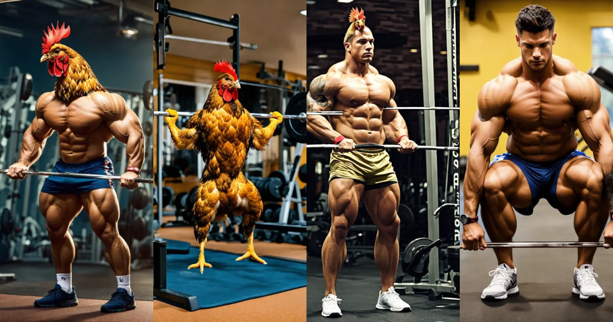 Lexica - Chicken sportsman in the gym lifting weights