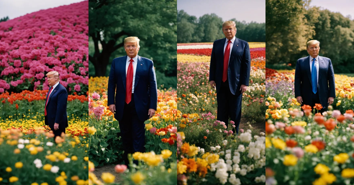 Lexica - Happy Donald Trump standing in a beautiful field of flowers ...