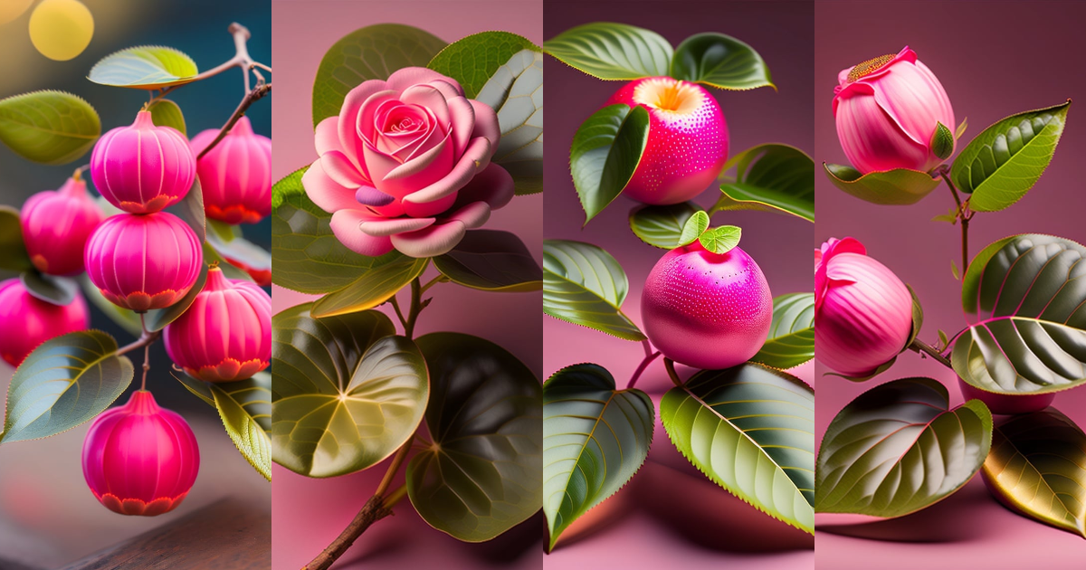 Lexica - A non-existent edible fruit, pink in color with leaves like a rose