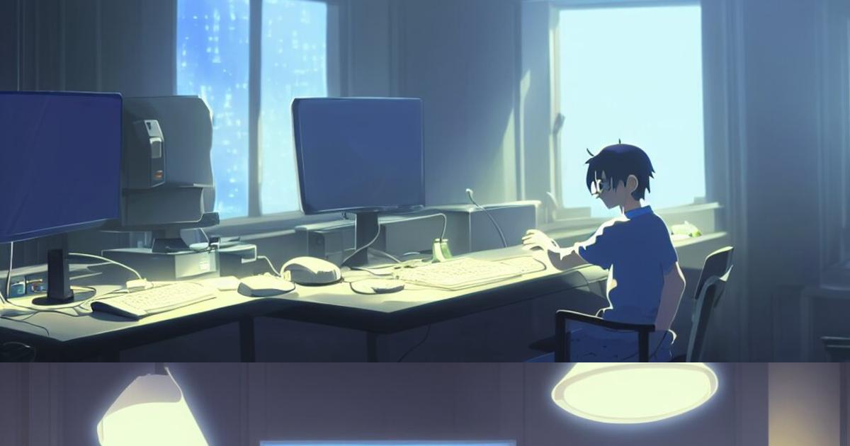 Lexica - A nerdy boy is programming at a computer in a room full of ...