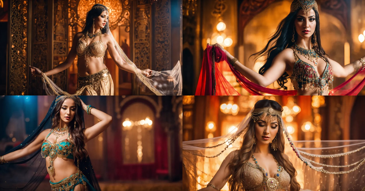 Lexica - Photo portrait of dynamic belly dancer dancing in oriental palace. adorned in chains ...