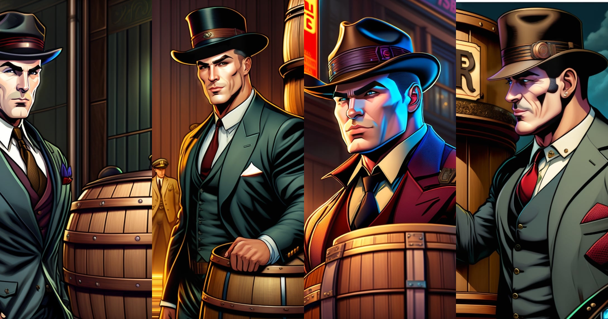 Lexica - Male 1920s mobster standing next to a wooden barrel while ...