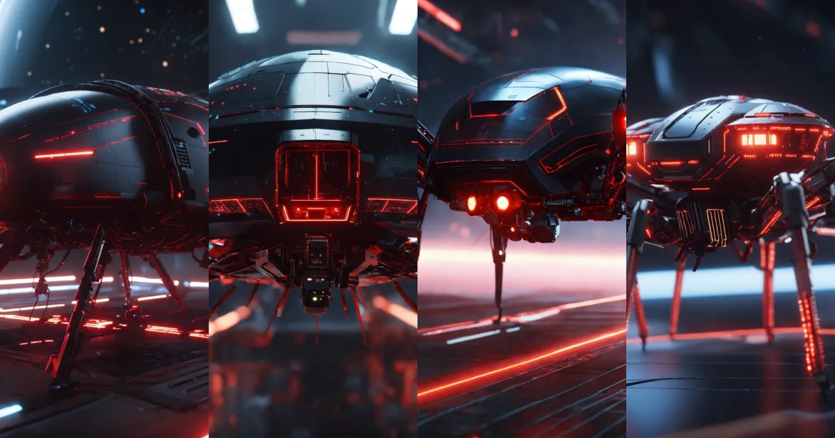 Lexica - Zoom out on a extra long black robotic black widow spider ...