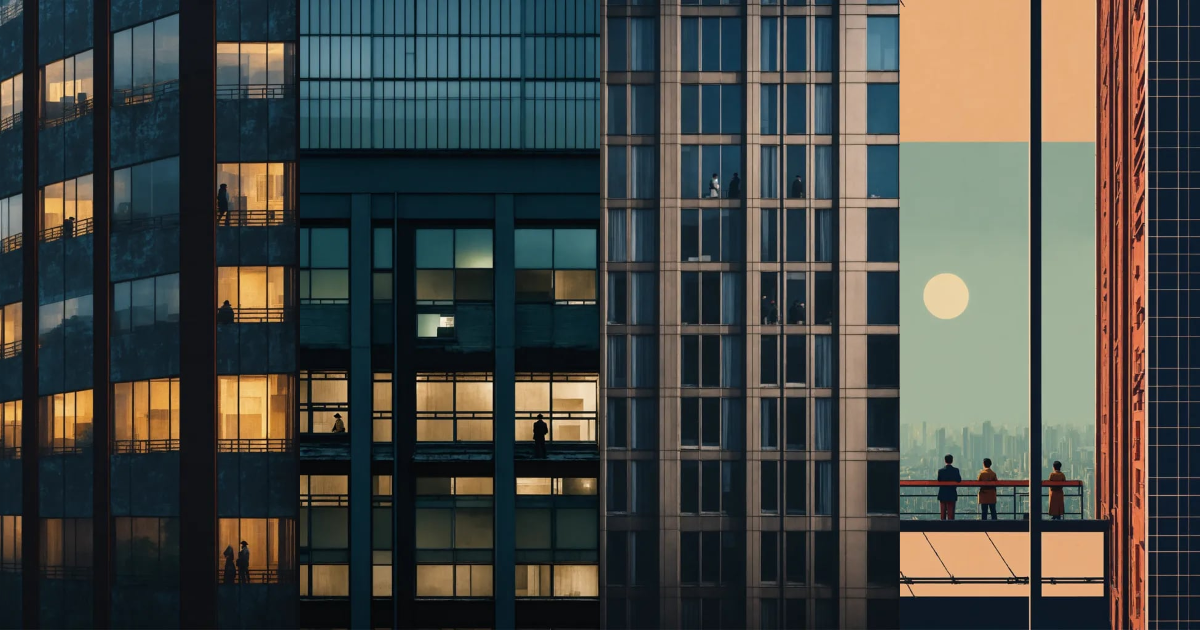 Lexica - Some people look over tall building windows, in the style of ...