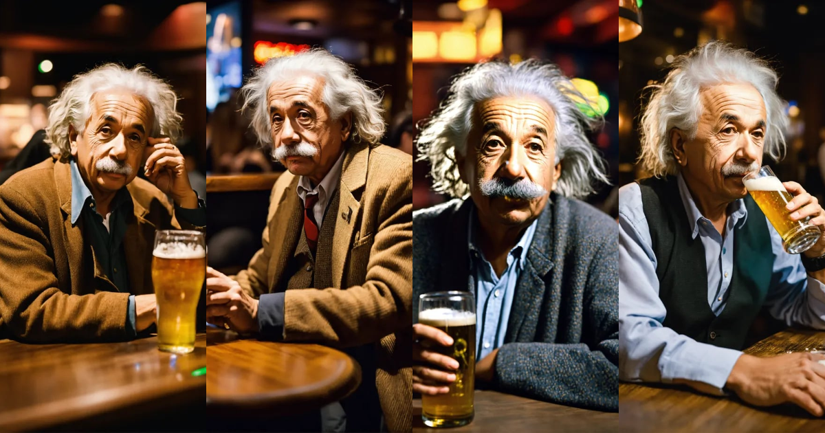 Lexica - Albert Einstein drinking beer at a bar on trivia night