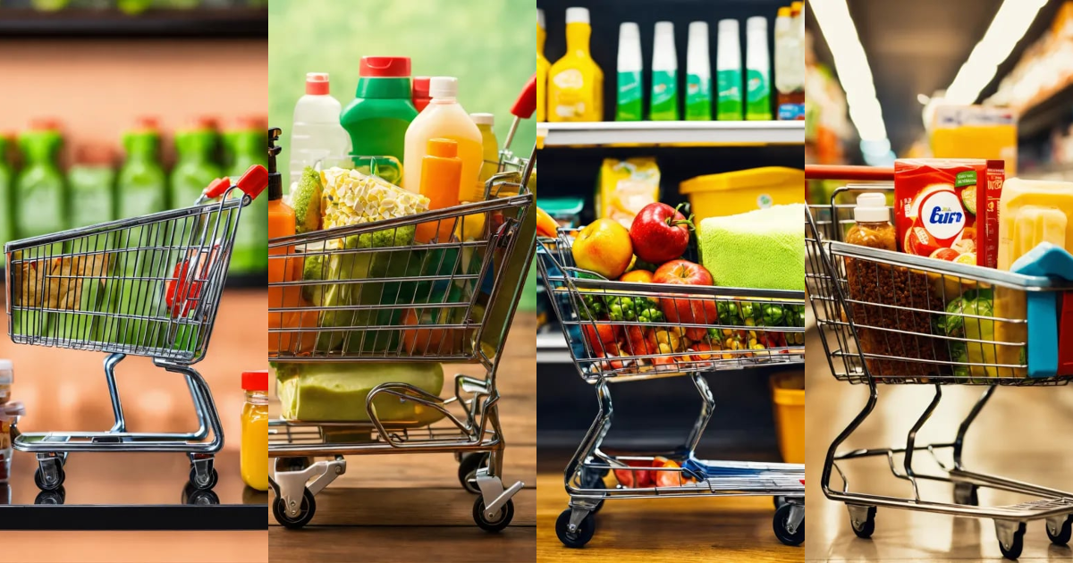 Lexica - A photo of a shopping cart with a variety of products. The ...