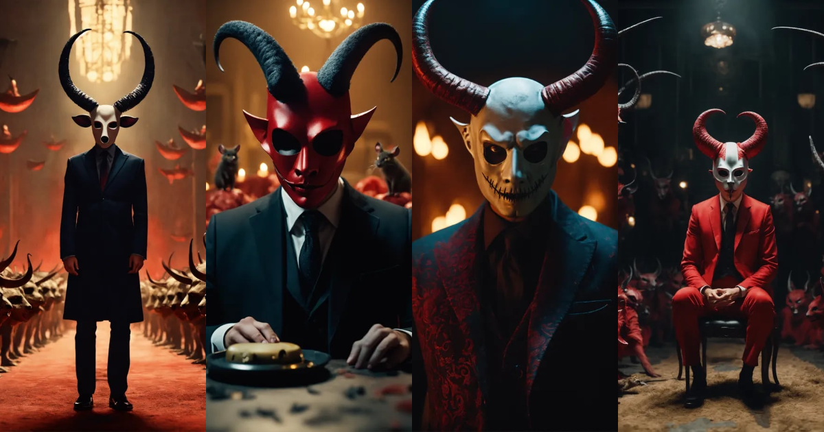 Lexica - Award - Winning Cinematic Still of the devil with a mouse mask, behind him all his ...