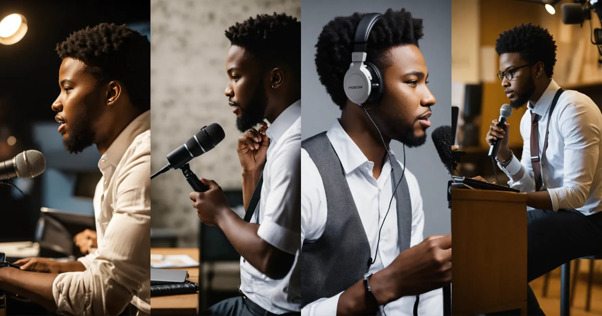 Lexica - Black journalist in a white shirt recording someone speaking ...