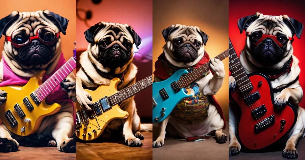 Lexica - A blind pug playing electric guitar
