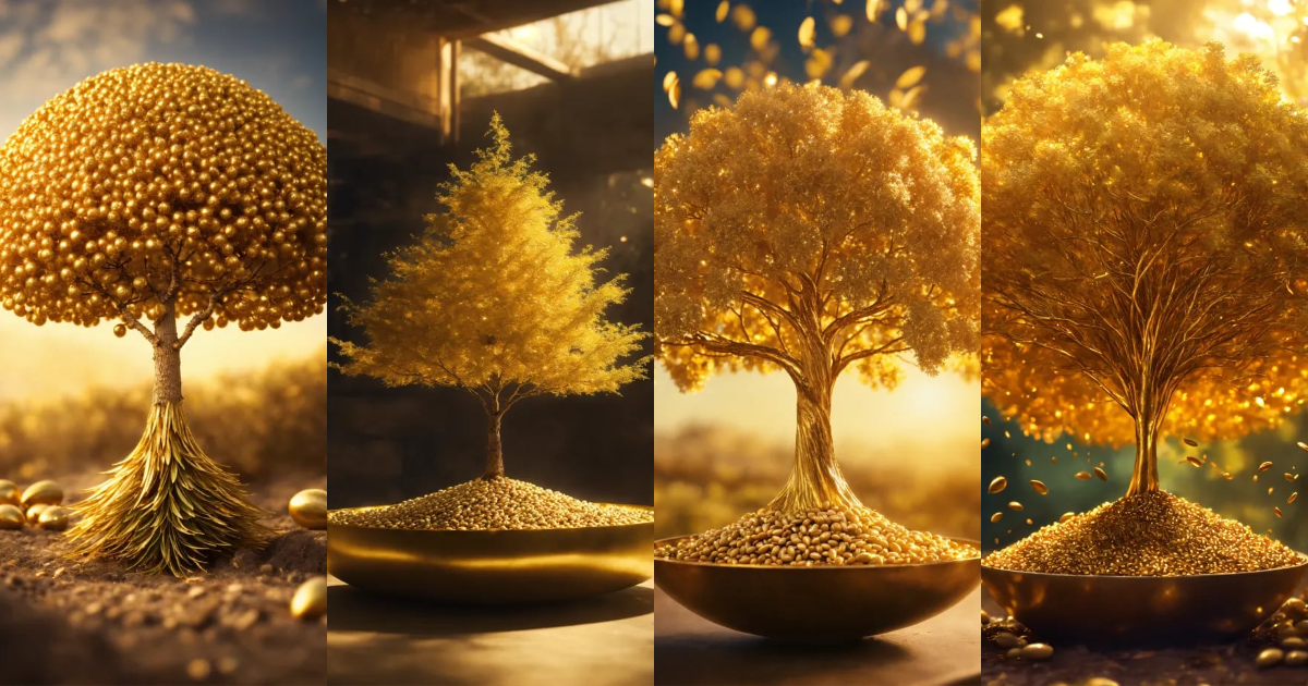 Lexica - A realistic photo of a golden seed that grows and becomes a ...