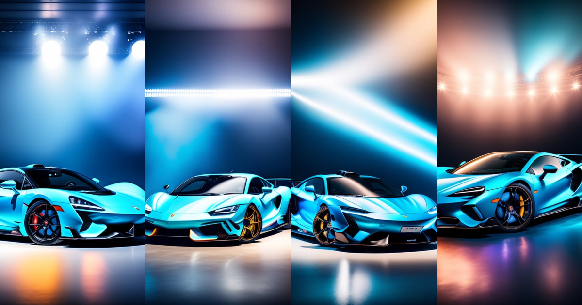 Lexica - Sky blue color supercar on a stage with spotlights