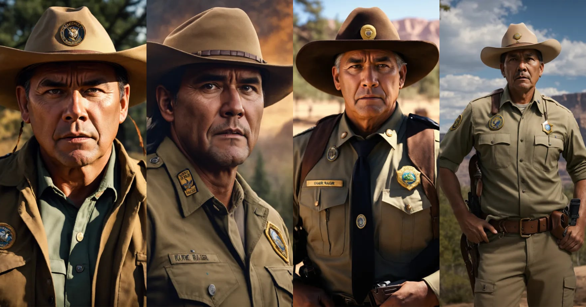 Lexica - Portrait of an native american park ranger man scared ...