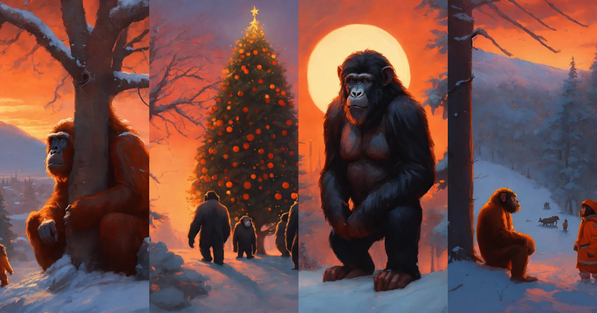 Lexica - Apes in winter holiday tree, in the style of alex andreev ...