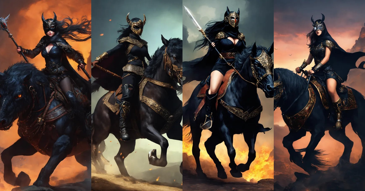 Lexica - Masked warrior woman dressed in black riding a monster mount