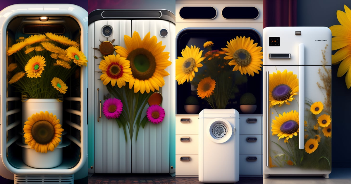 Lexica - Solar punk flowers inside a retro-futuristic white refrigerator