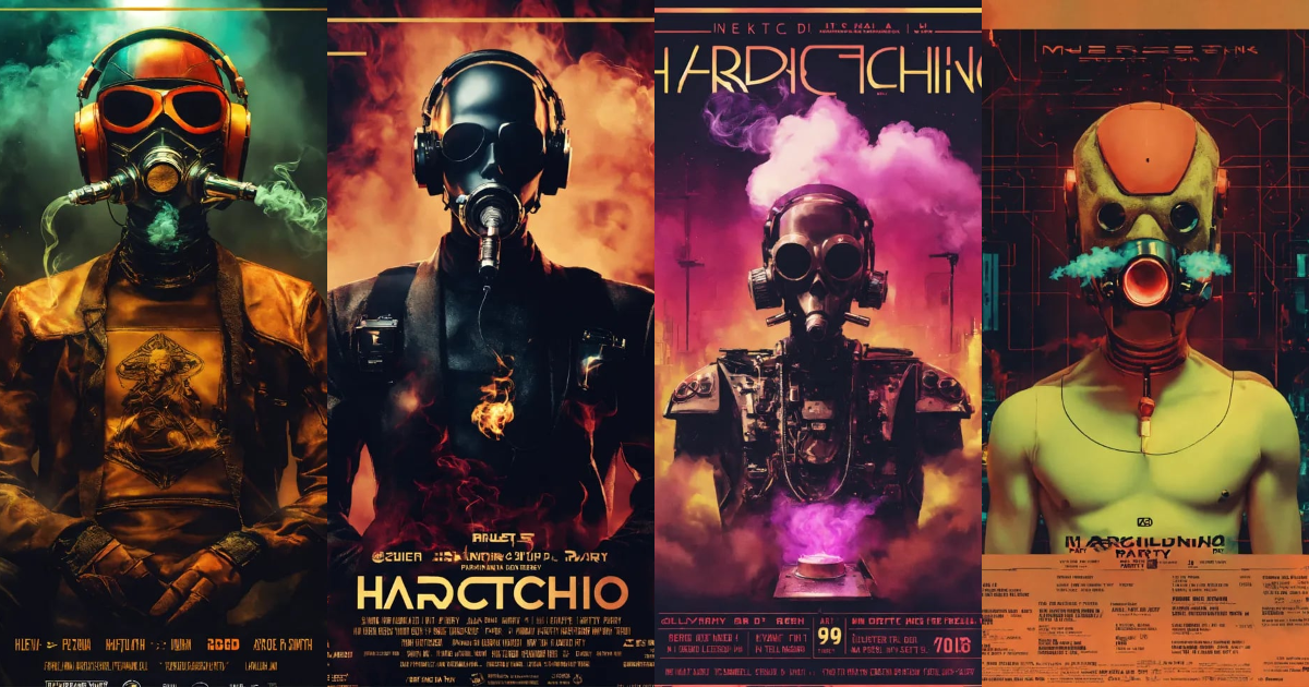 Lexica - Hardtechno party poster with a humanoid smoking against a ...