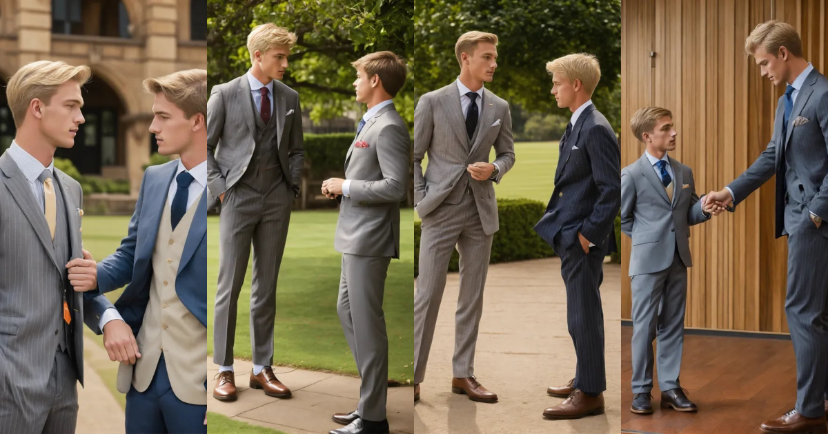 Lexica - A blonde gentleman in grey pinstripe vested suit, meeting a ...