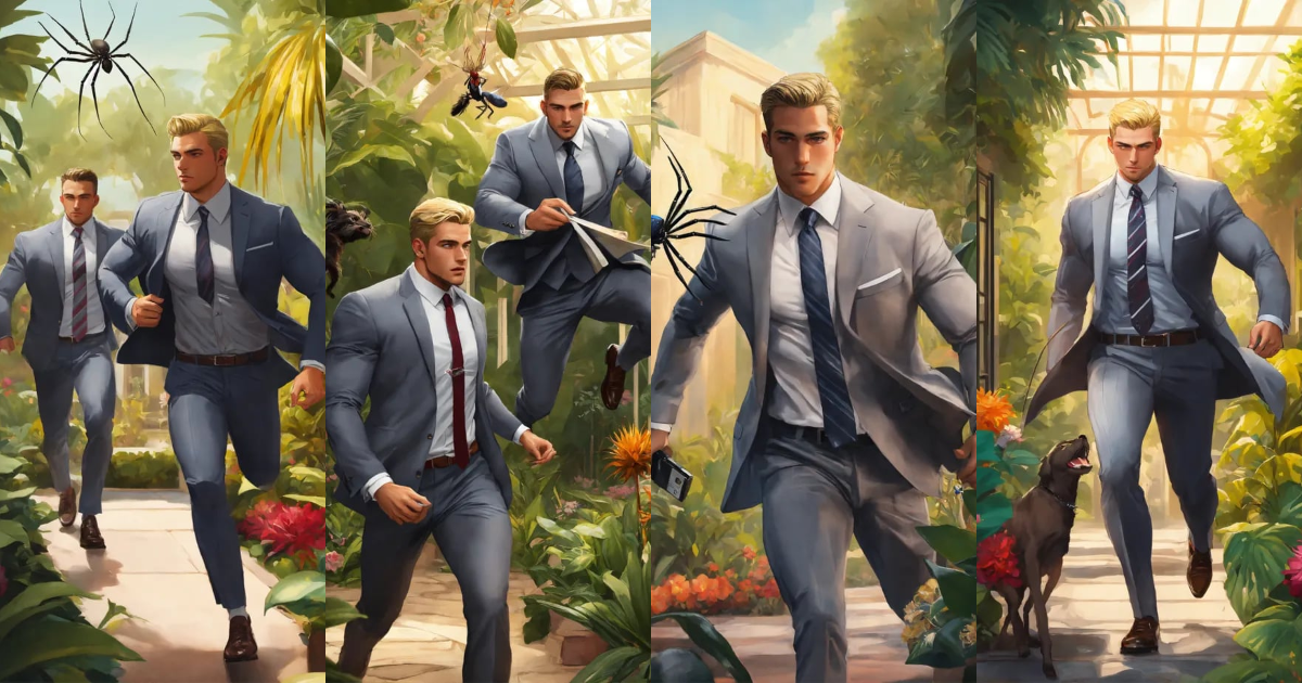 Lexica - A muscular blonde security guard, in pinstripe grey suit and ...