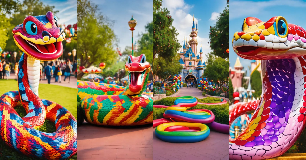 Lexica - Disneyland type colorful snake character thin lips in a happy ...