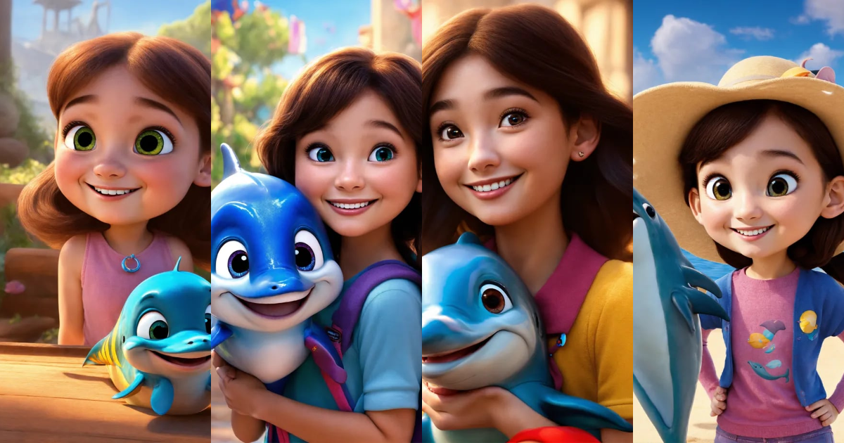 Lexica - Pixar charachters smile girl & dolphin