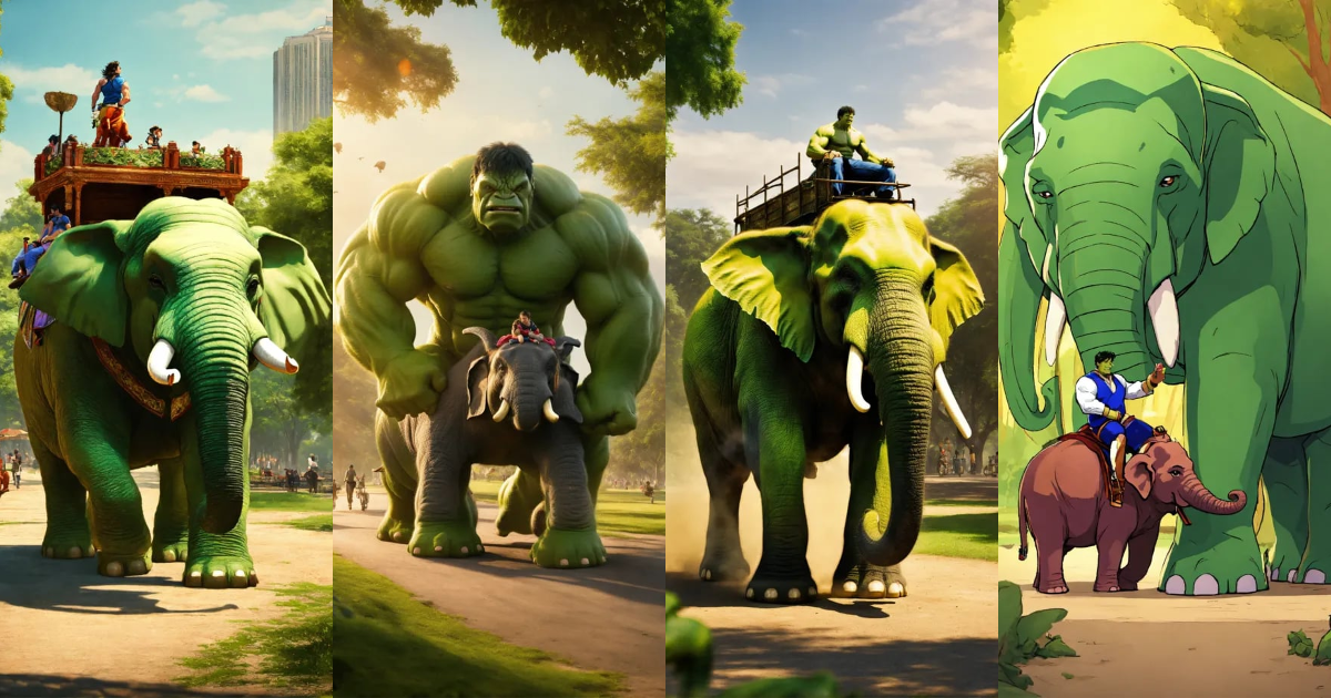 Lexica - Hulk riding an elephant,8k,in the park