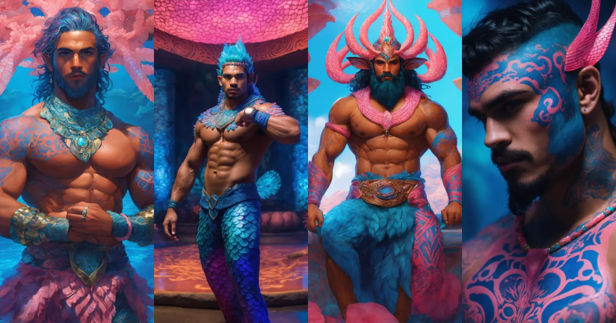 Lexica - A buff muscular Sea-elf Blue and pink scales rings on his ...