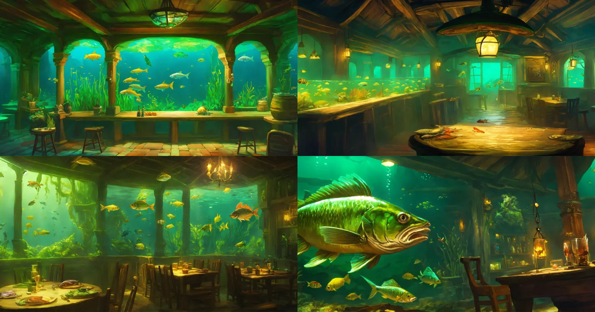 Lexica - Underwater old tavern with a lot of fish inside by justin ...