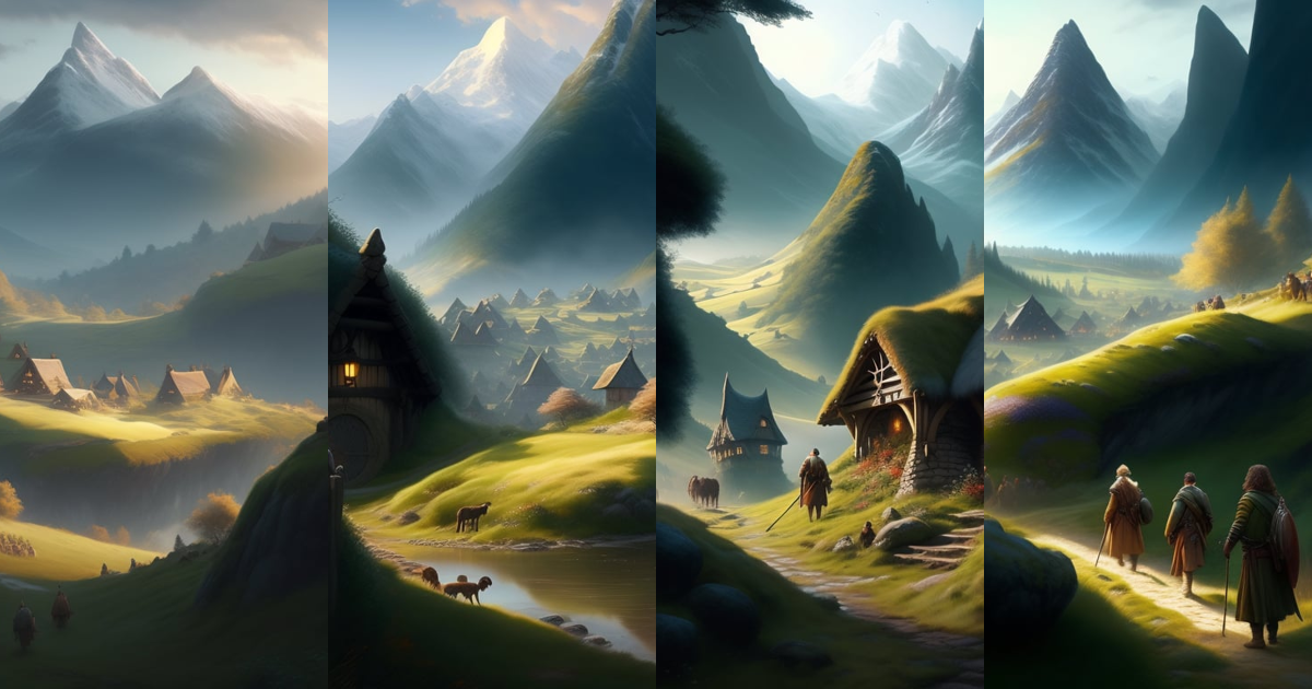 Lexica - Hobbits in the shire scenery landscape in future city, lord of ...