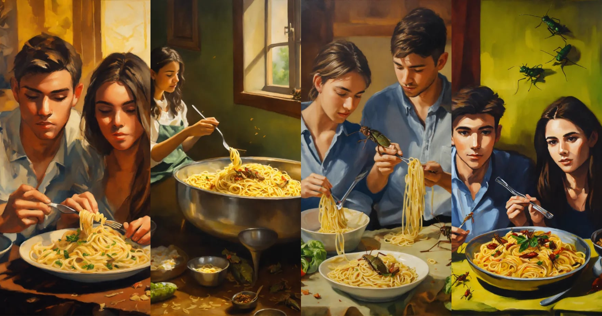 Lexica - Home portrait of young couple of crickets eating pasta ...