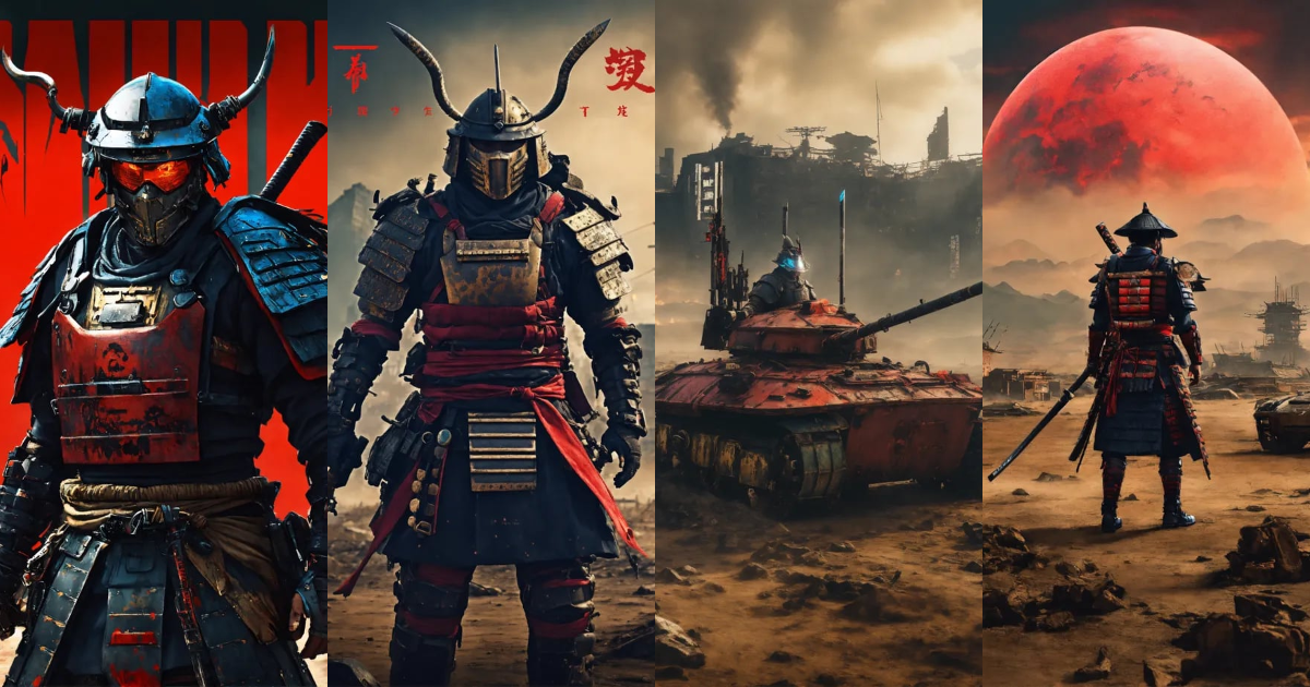 Lexica - Samurai armored future 4k in a post-apocalyptic wasteland.