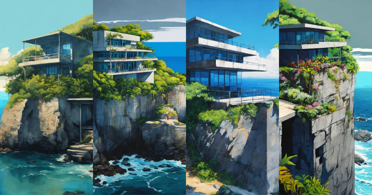 Lexica - Anime painting, grey concrete structure on a cliff, coastal ...