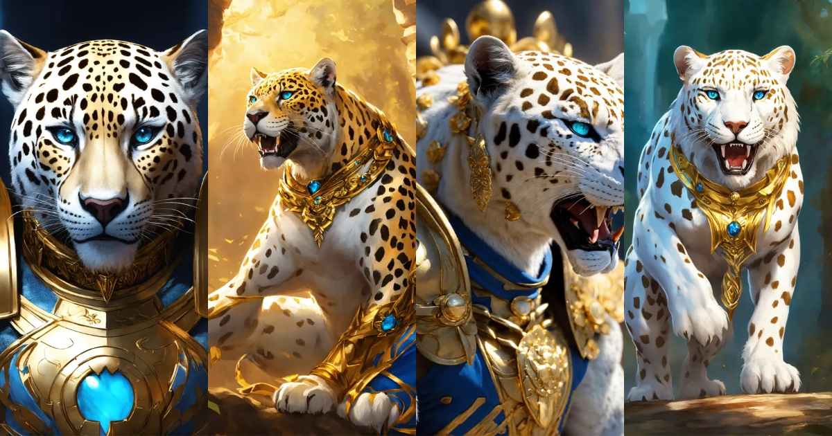 Lexica - Antho white jaguar with gold rosettes, golden tipped fangs ...