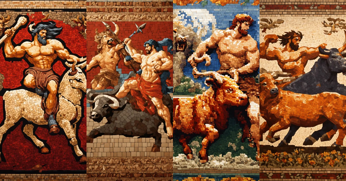 Lexica - Stone mosaic, Hercules fighting with a bull, red bulls of ...