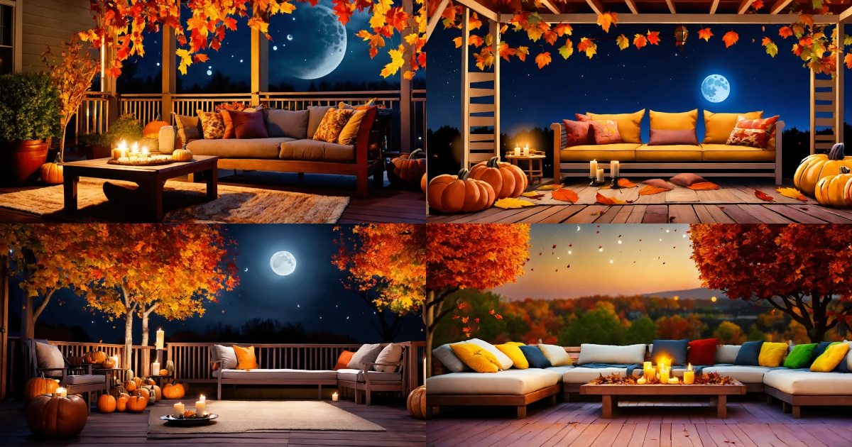 Lexica - Fall theme patio, big comfy couch, fluffy rug, fall leaves ...