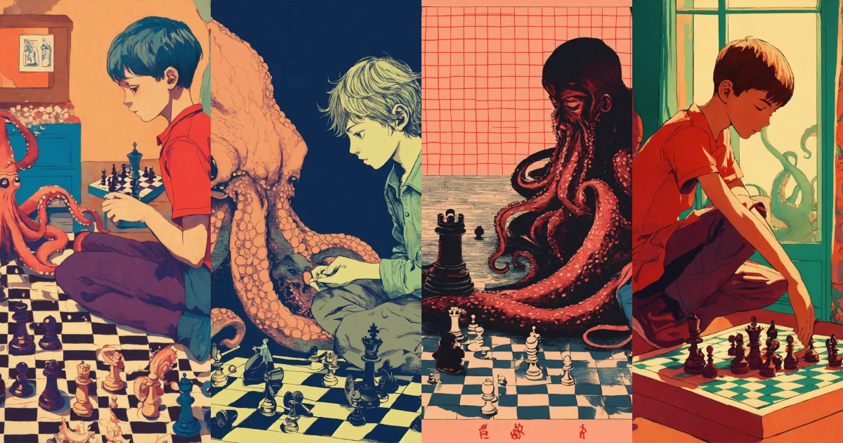 Lexica - Young boy facing an octopus playing chess, risograph